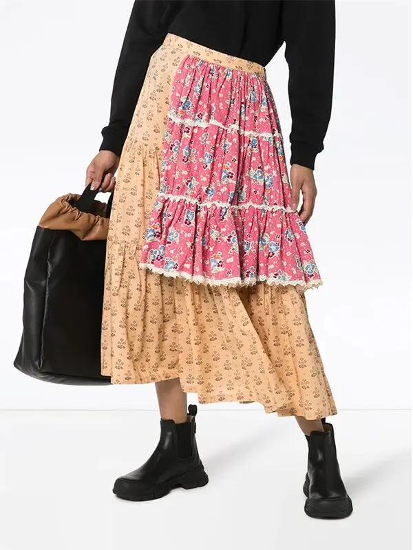 RENTRAYAGE Tiered Patchwork Prairie Skirt