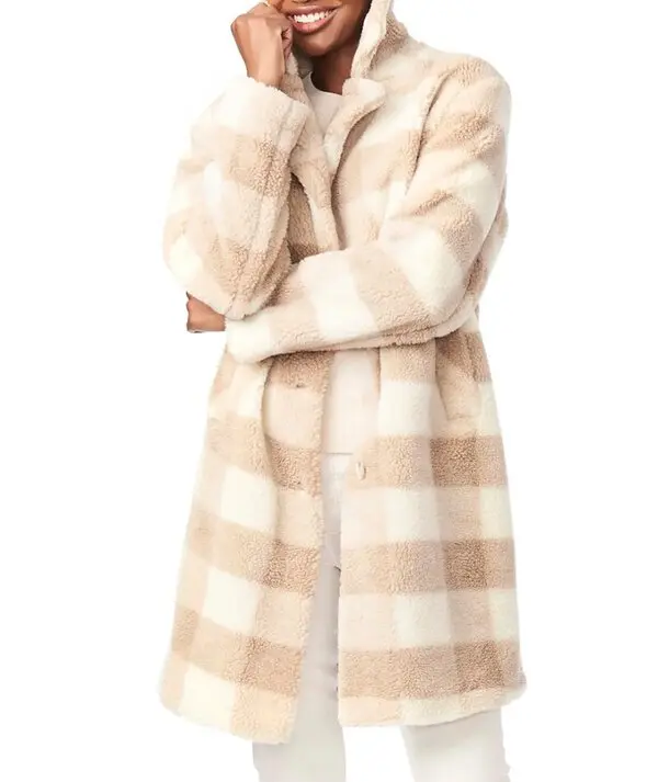Bernardo Check Teddy Faux Fur Coat