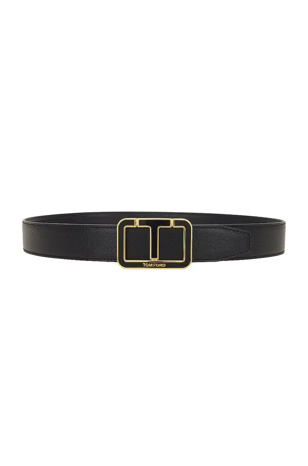 TOM FORD Shiny Grain Goat Enamel Scored T Belt - Black