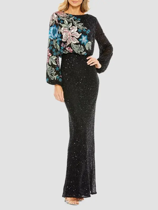Mac Duggal Floral Emellished Gown - Black Multi