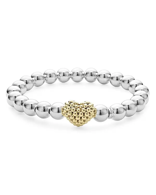 Lagos 18k Yellow Gold And Sterling Silver Signature Caviar Heart Stretch Bracelet - Silver/gold