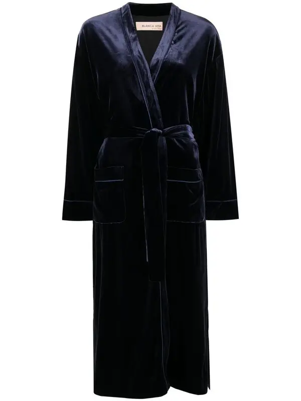 BLANCA VITA Velvet-effect Tie-waist Coat - Blue
