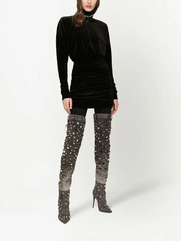 Dolce & Gabbana Draped Velvet Mini Dress With Dg Logo