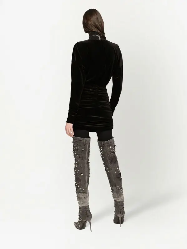 Dolce & Gabbana Draped Velvet Mini Dress With Dg Logo