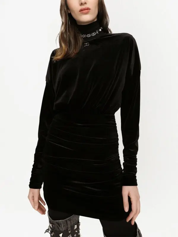 Dolce & Gabbana Dg-Logo Draped Velvet Mini Dress In Black | Editorialist