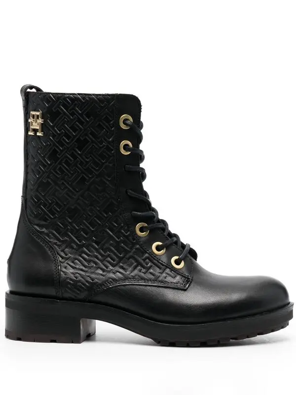 Tommy Hilfiger Monogram-embossed Leather Biker Boots