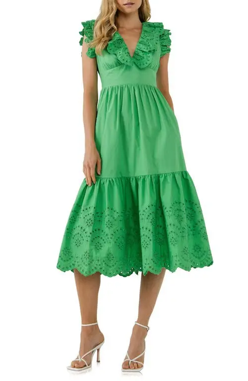 English Factory Eyelet Trim Cotton Midi Dress - Green
