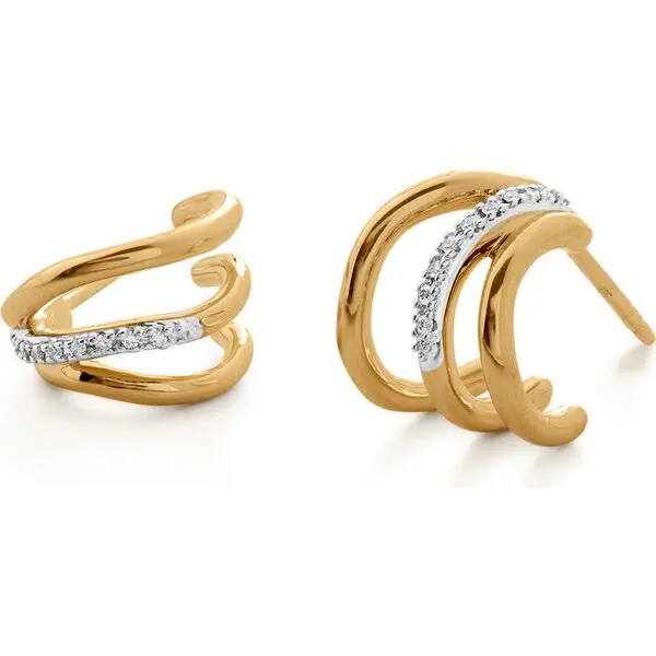 Monica Vinader Riva Pavé Diamond Triple Wave Huggie Hoop Earrings - 18ct Gold Vermeil On Sterling