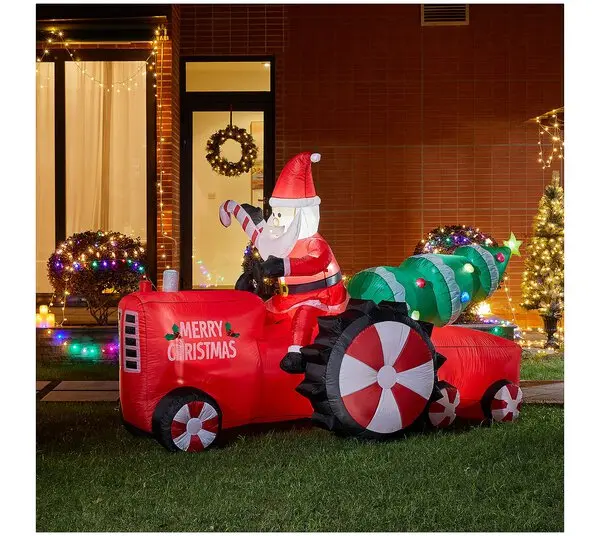 GLITZHOME 11ft Lighted Santa On Tractor Outdoor Inflatable