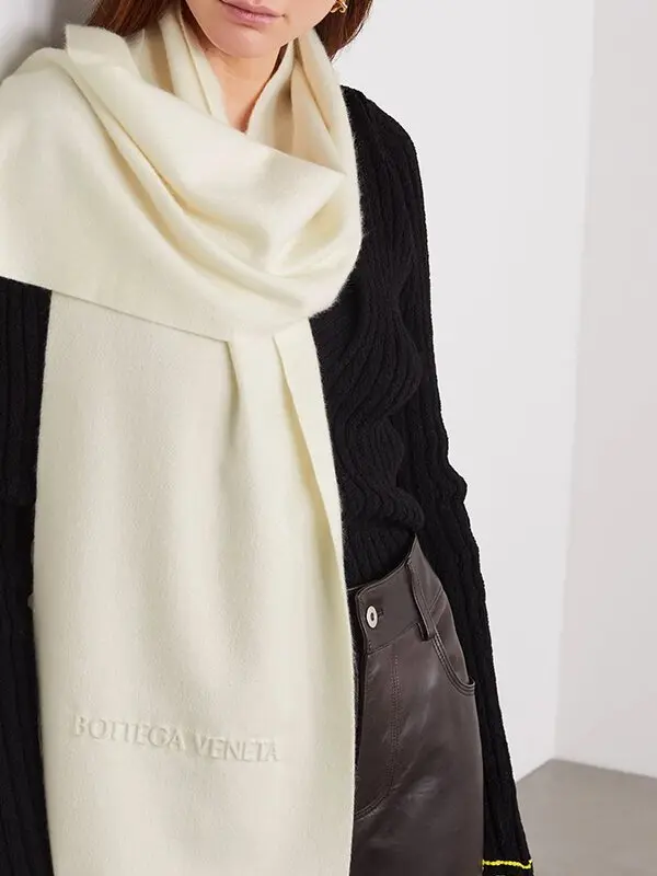 Bottega Veneta White Fringed Embossed Cashmere Scarf