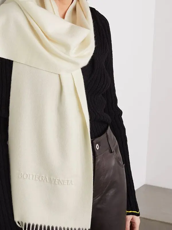 Bottega Veneta White Fringed Embossed Cashmere Scarf