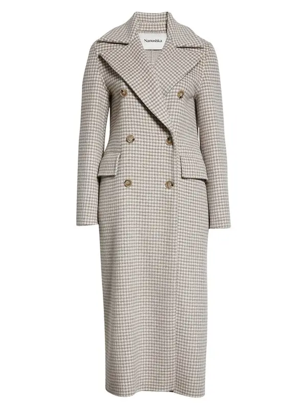 Nanushka Lana Check Double Breasted Wool & Silk Coat