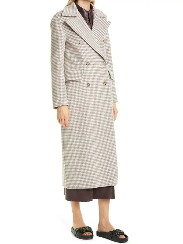 Nanushka Lana Check Double Breasted Wool & Silk Coat