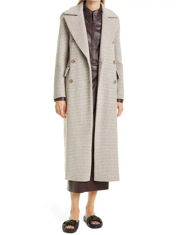 Nanushka Lana Check Double Breasted Wool & Silk Coat