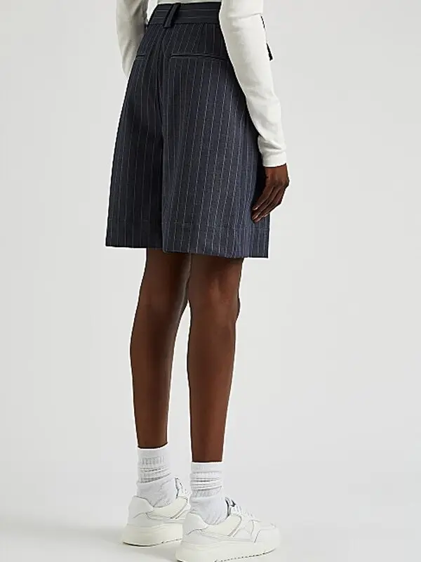GANNI Navy Pinstriped Twill Shorts
