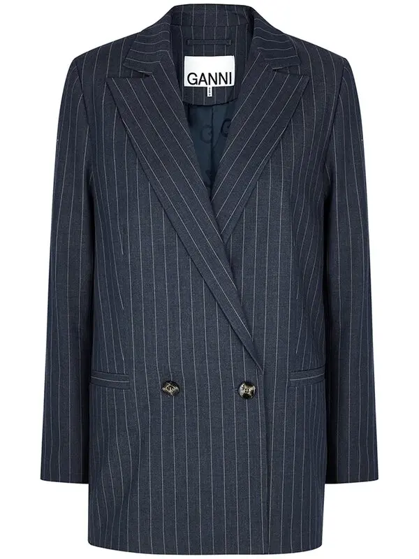 GANNI Navy Pinstriped Double-breasted Twill Blazer