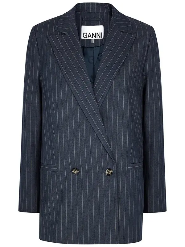 GANNI Navy Pinstriped Double-breasted Twill Blazer