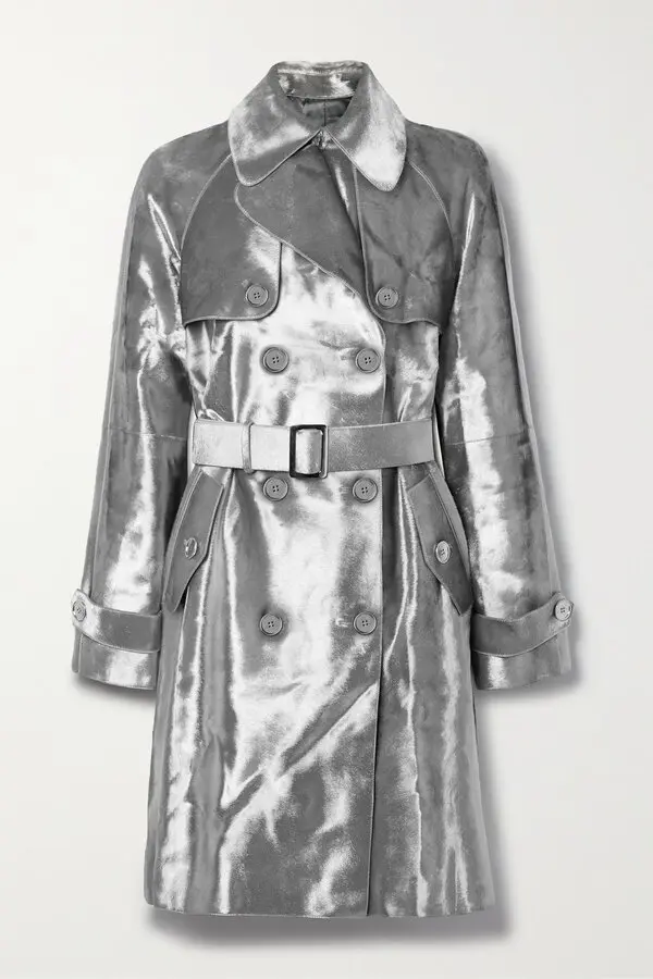 Michael Kors Belted Double-breasted Metallic Calf Hair Trench Coat - Silver