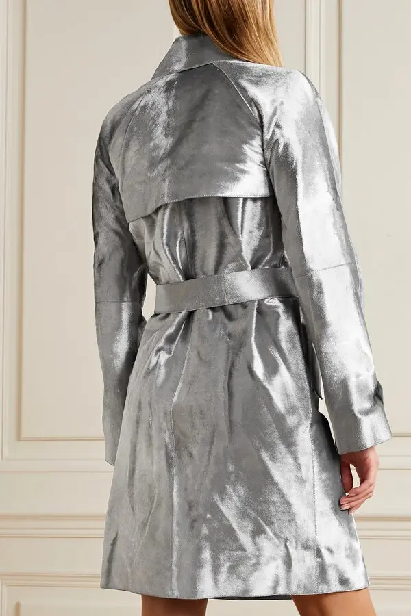 Michael Kors Belted Double-breasted Metallic Calf Hair Trench Coat