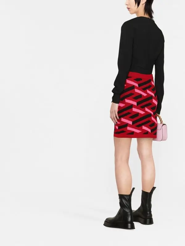Versace Geometric Intarsia Knitted Skirt - Red