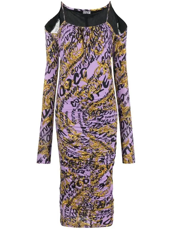 Versace All-over Logo-print Gathered Midi Dress