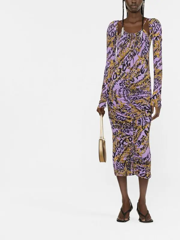 Versace All-over Logo-print Gathered Midi Dress