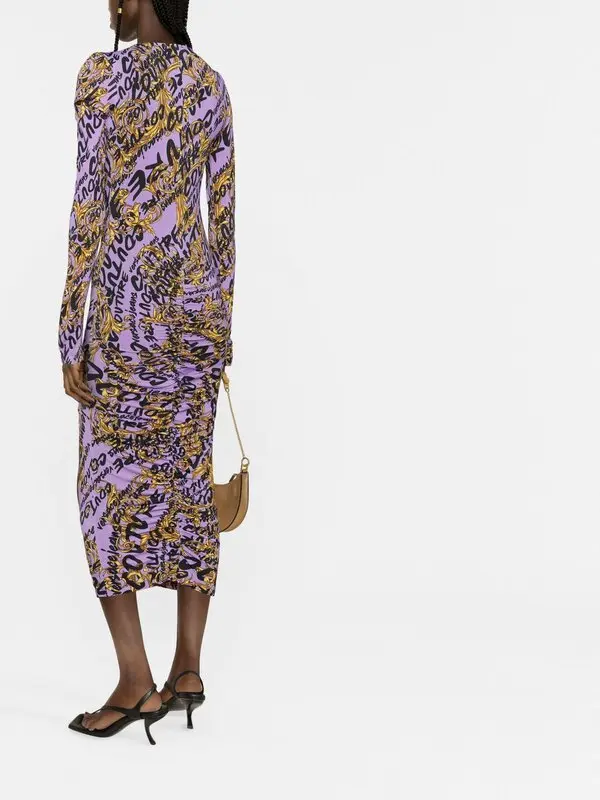 Versace All-over Logo-print Gathered Midi Dress