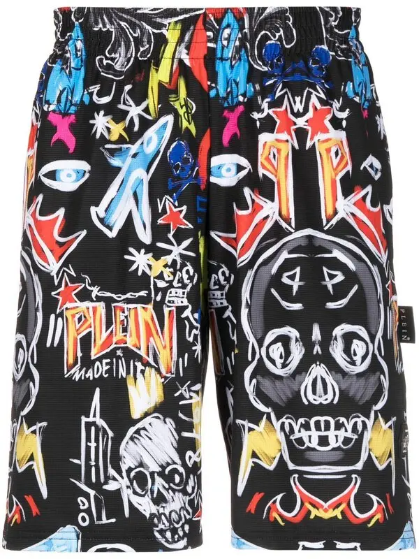 Philipp Plein Graphic Print Track Shorts - Black
