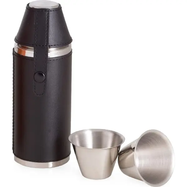 BEY-BERK Leather Wrapped Cylinder Flask With Cups - Stainless Steel