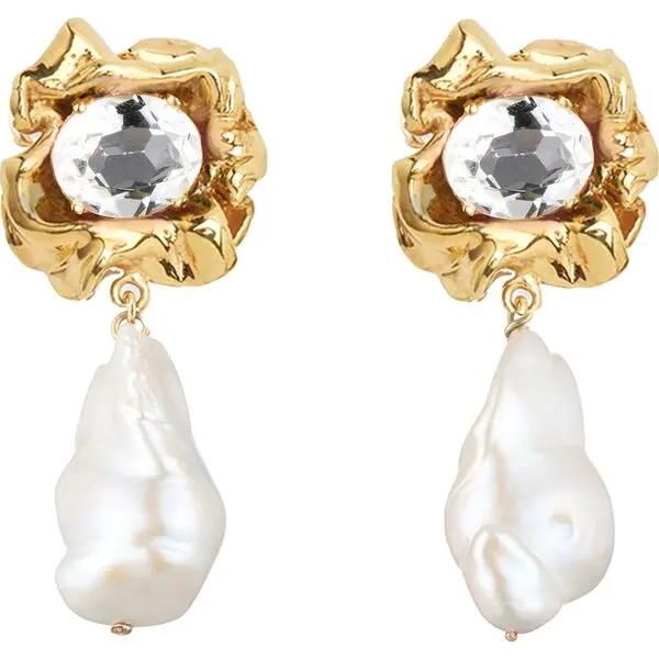 STERLING KING Lola Baroque Pearl Drop Earrings - Gold - Crystal