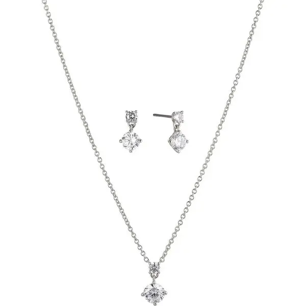 Nadri Stud Earrings & Pendant Necklace Set - Rhodium