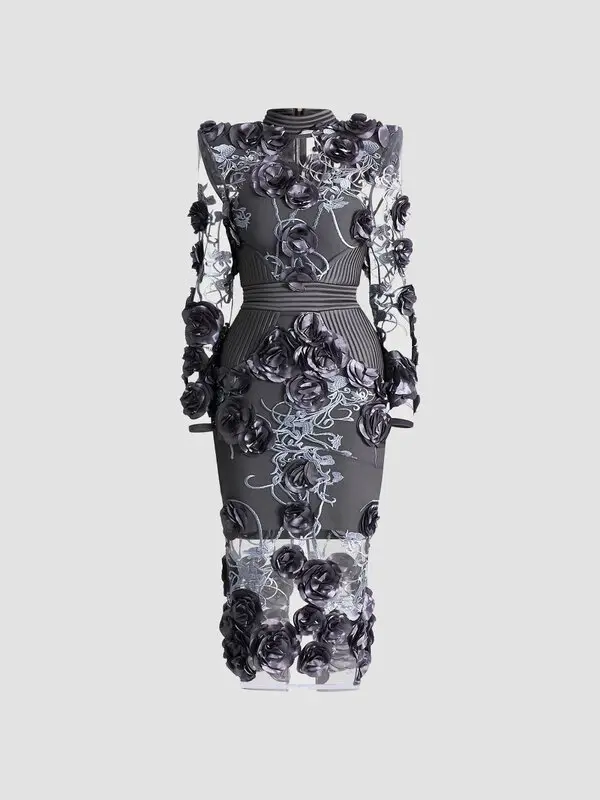 ZHIVAGO Battle Lines Floral-embellished Vendetta Dress - Grey