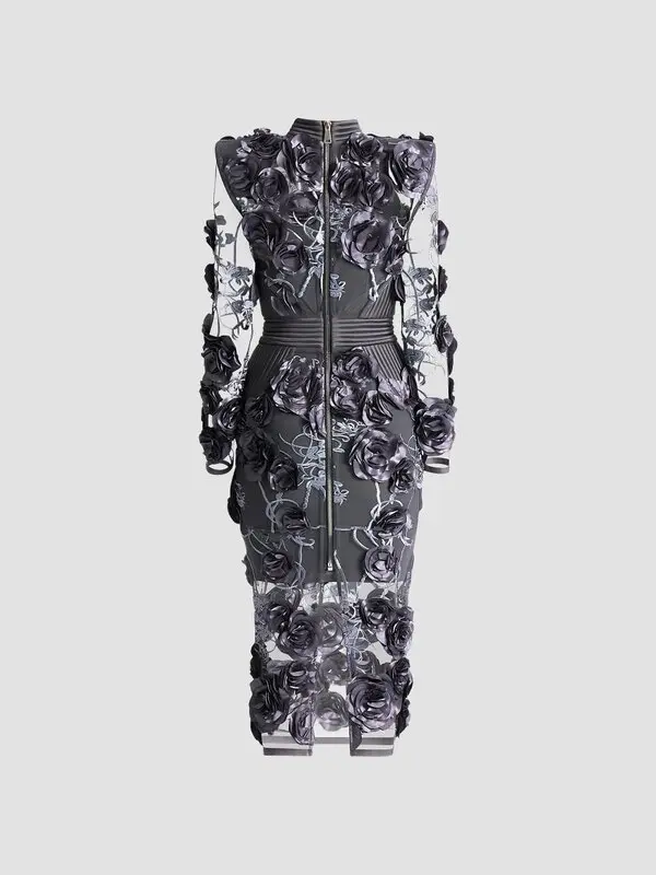 ZHIVAGO Battle Lines Floral-embellished Vendetta Dress - Grey