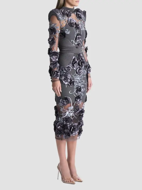 ZHIVAGO Battle Lines Floral-embellished Vendetta Dress - Grey
