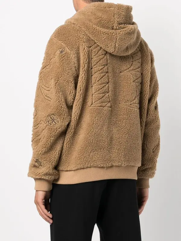 HACULLA. Faux Shearling Embroidered Zip-up Hoodie - Brown