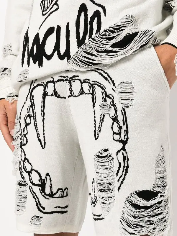 HACULLA. Intarsia-knit Distressed Bermuda Shorts - White