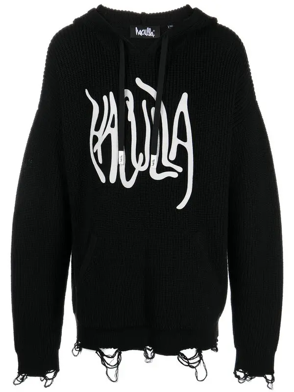 HACULLA. Logo-print Distressed Knitted Hoodie - Blue
