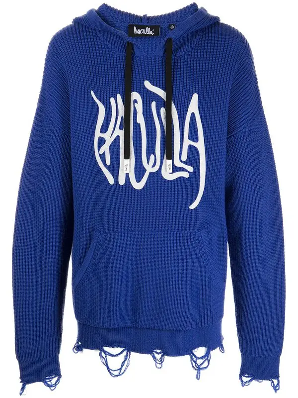 HACULLA. Logo-print Distressed Knitted Hoodie - Blue