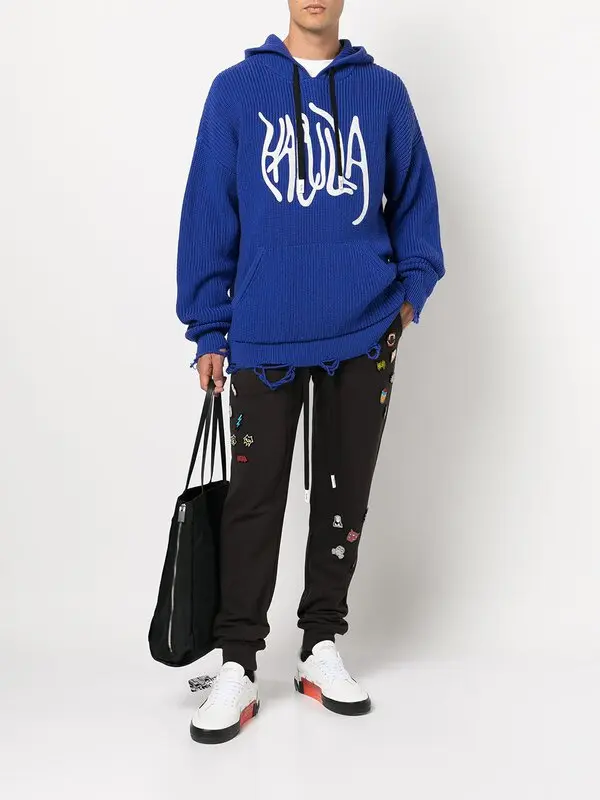 HACULLA. Logo-print Distressed Knitted Hoodie - Blue