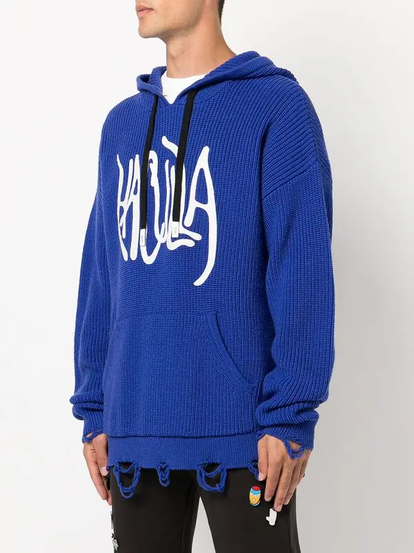 HACULLA. Logo-print Distressed Knitted Hoodie - Blue
