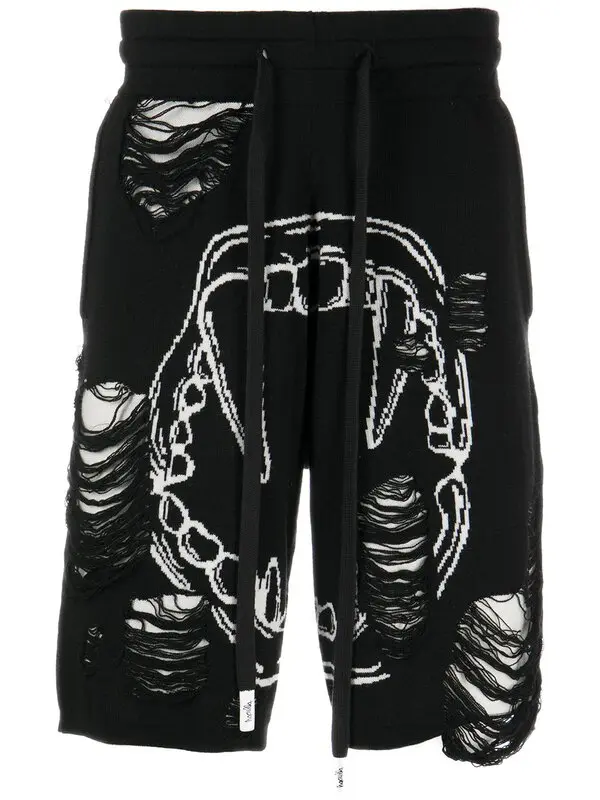 HACULLA. Intarsia-knit Distressed Track Shorts - Black