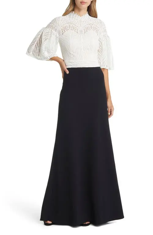 Tadashi Shoji Lace Bodice Bell Sleeve Gown - White/ Black | Editorialist