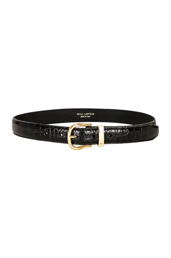 NILI LOTAN Louise Croc Belt - Black & Shiny Brass Buckle