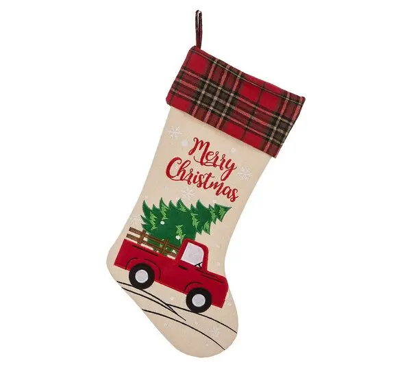 GLITZHOME Vintage Red Truck Embroidered Christm As Stocking - One-color