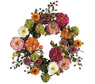 NEARLY NATURAL 24' Mixed Peony Wreath By - One-color