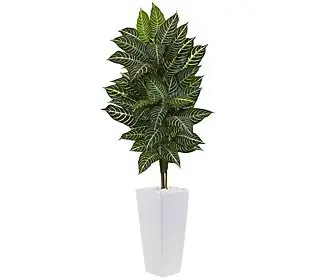 NEARLY NATURAL 4' Zebra Plant In White Tower Planter By - One-color
