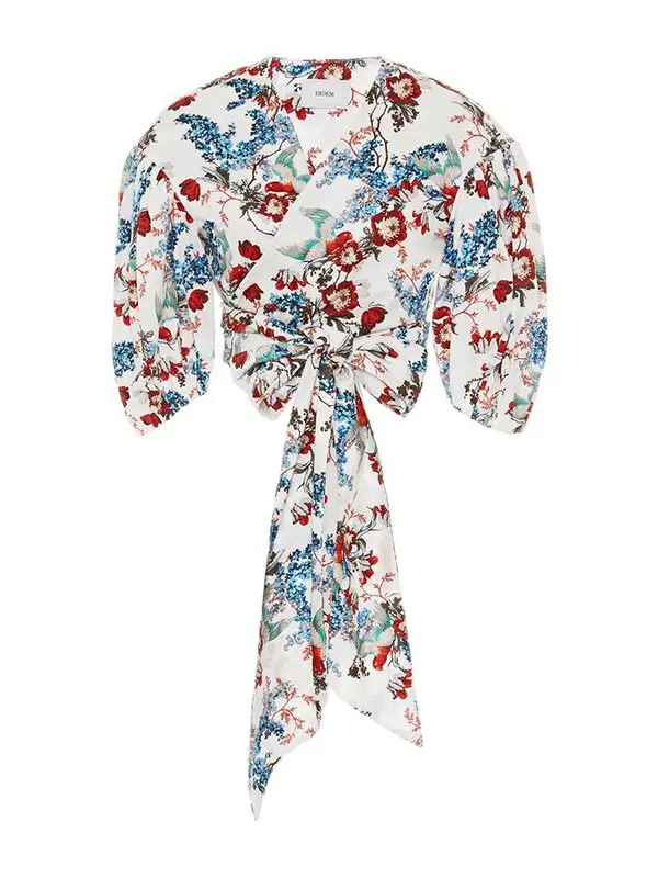 Erdem Cyllene Printed Cotton-poplin Wrap Top