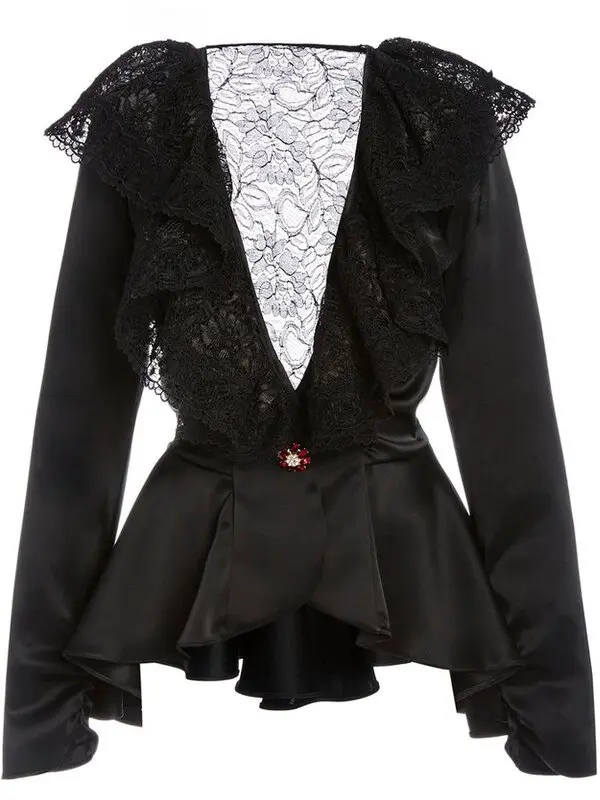 RODARTE Lace-paneled Ruffled Satin Peplum Top