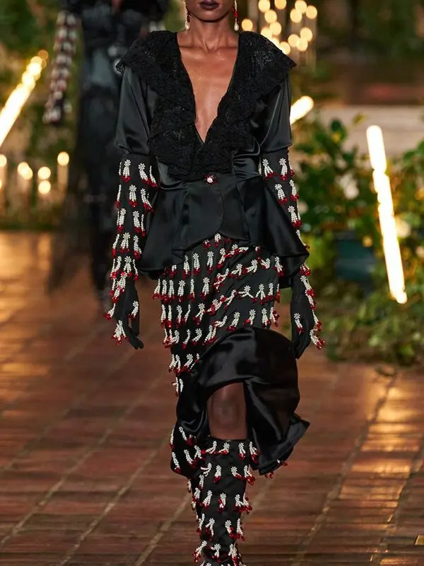 RODARTE Lace-paneled Ruffled Satin Peplum Top