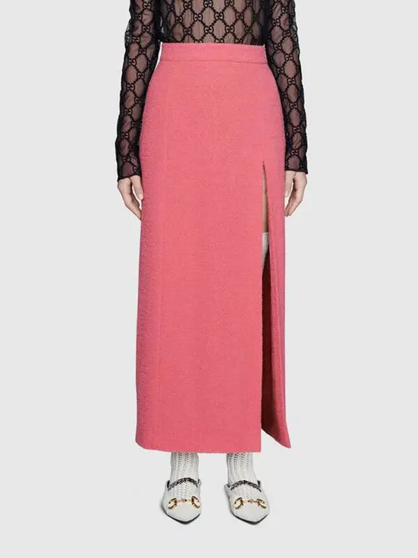 Gucci Pink-multicolor Soft Wool Tweed Long Skirt With Frontal Slit At The Side